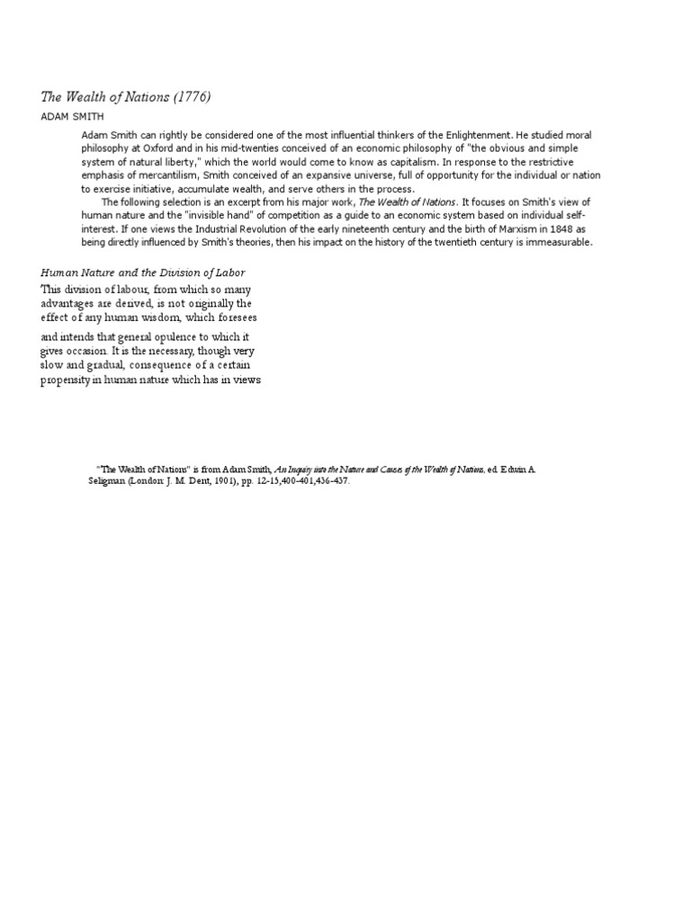 Reader Lecture 08 Adam Smith Wealth of Nations Reading | PDF | The ...