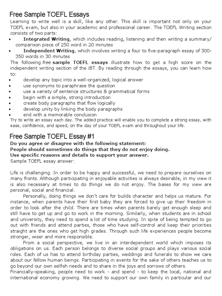 Free Sample TOEFL Essays | PDF | Idea | Essays