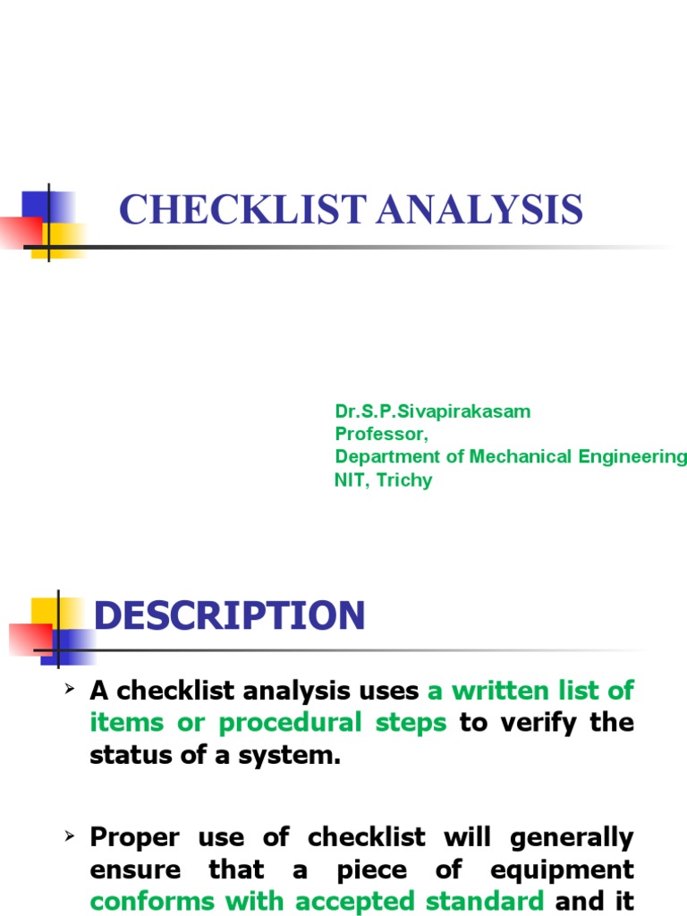 Checklist Analysis: Dr.S.P.Sivapirakasam Professor, Department of ...