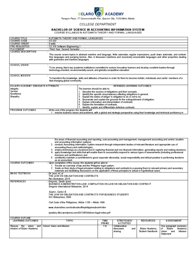 CS 222 - AUTOMATA THEORY AND FORMAL LANGUAGES - College-Syllabus | PDF ...