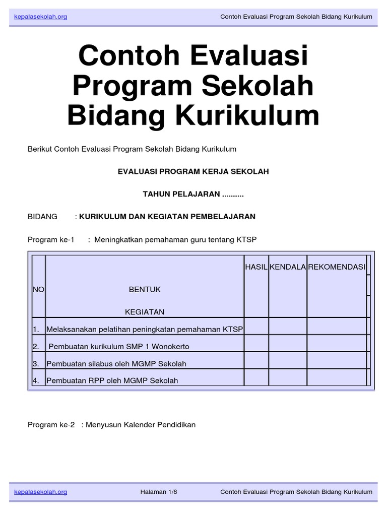 Contoh Evaluasi Program Sekolah Bidang Kurikulum | PDF