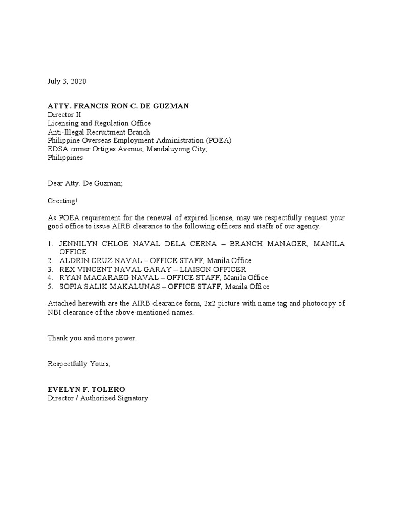 POEA AIRB Clearance Request Letter | PDF | Business | Social Science