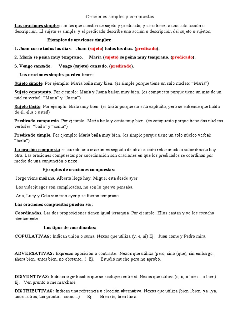 Oraciones Simples y Compuestas: Ejemplos y Clases | PDF | Oración ...