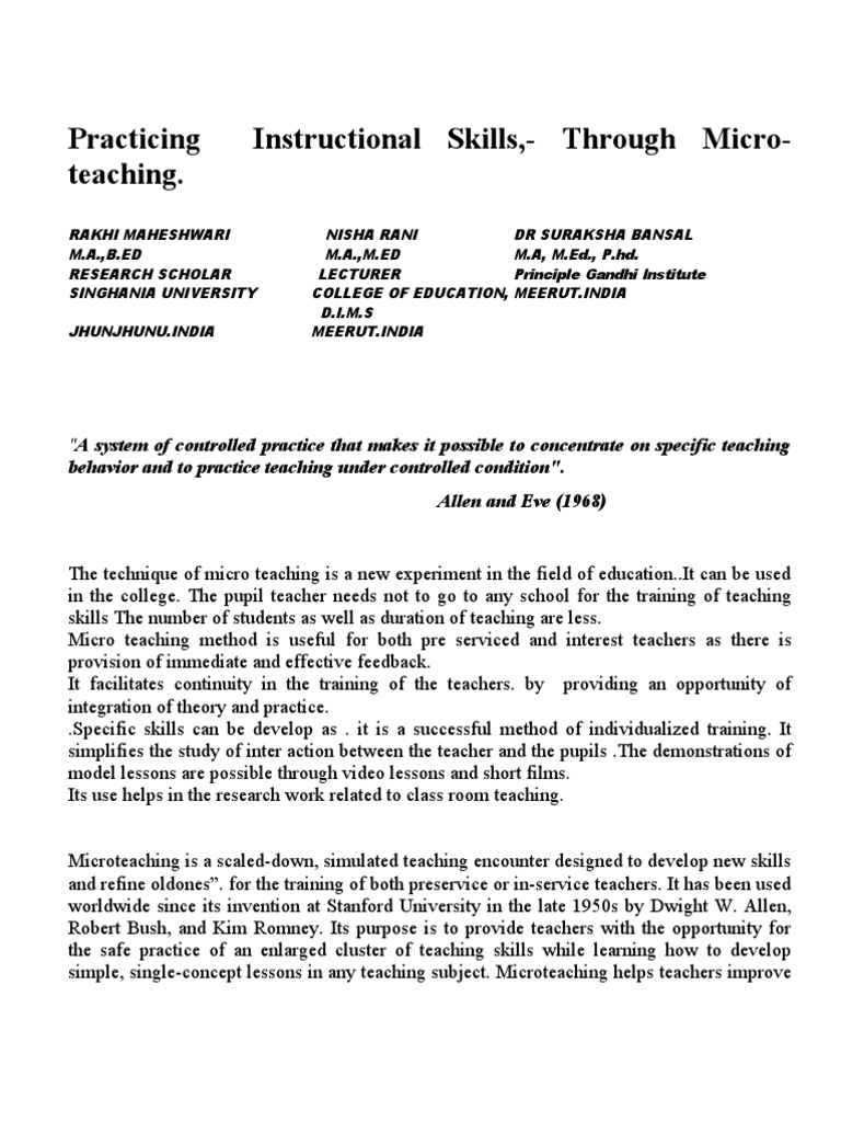 Microteaching: Skills and Strategies | PDF | Reinforcement | Teachers