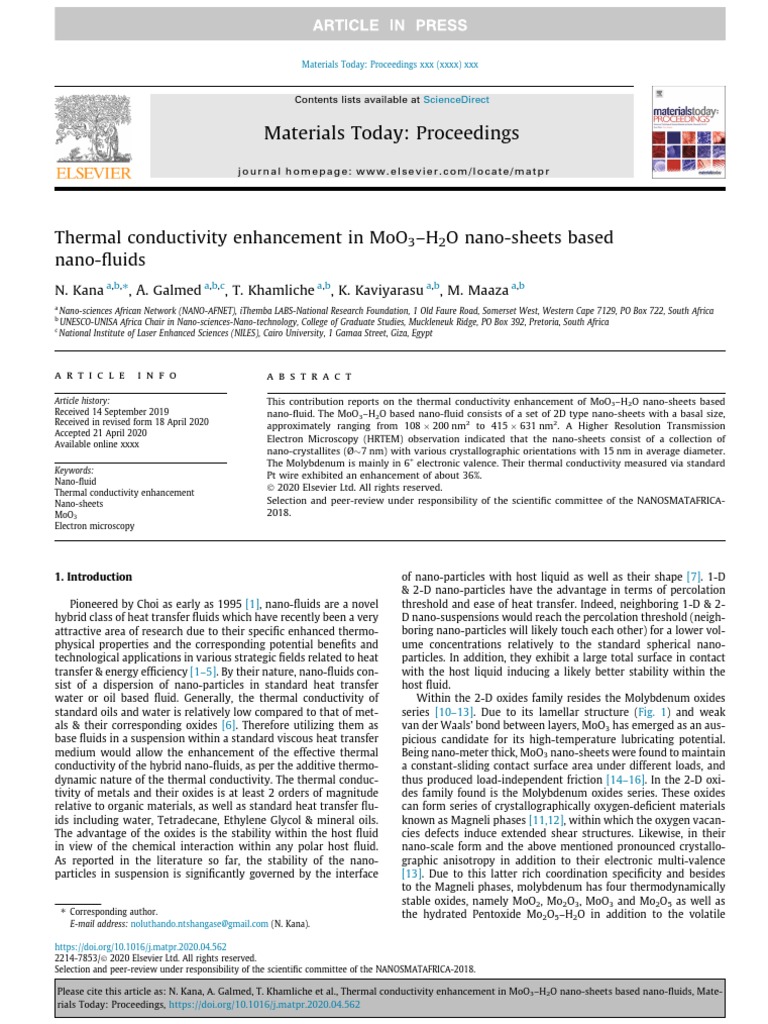 Thermal Conductivity Enhancement in MoO3-H2O Nano-Sheets Based Nano ...