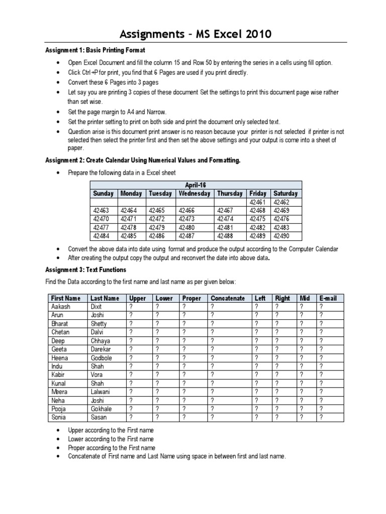 MS Excel 2010 Assignments Guide | PDF | Microsoft Excel | Printer ...