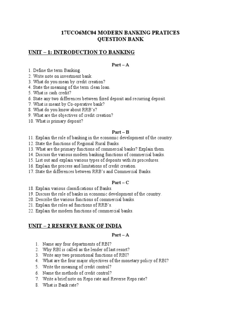 17Uco6Mc04 Modern Banking Pratices Question Bank Unit - 1: Introduction ...
