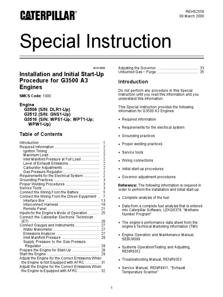 Special Instruction: Installation and Initial Start-Up Procedure For ...
