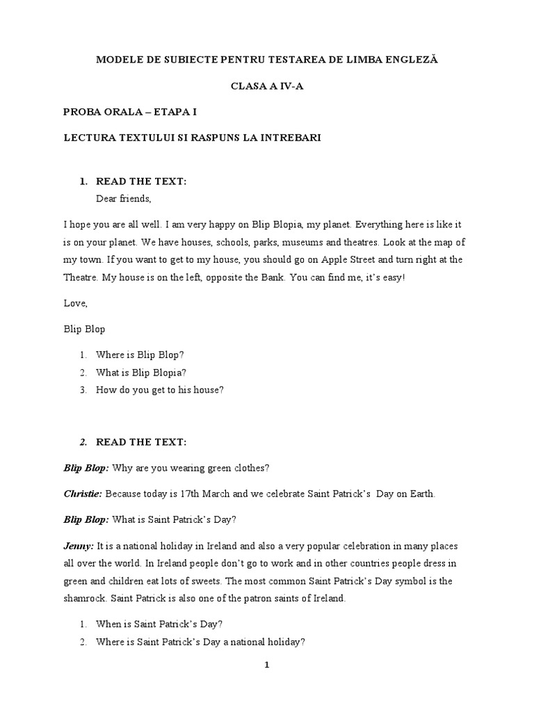 Testare Engleza Modele PROBA ORALA 2020 | PDF | Christmas | Foods
