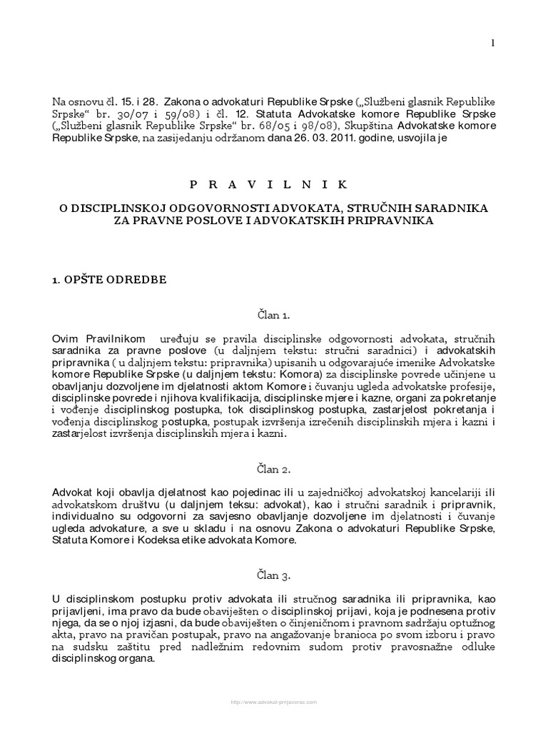Pravilnik o Disciplinskoj Odgovornosti Advokata RS PDF | PDF