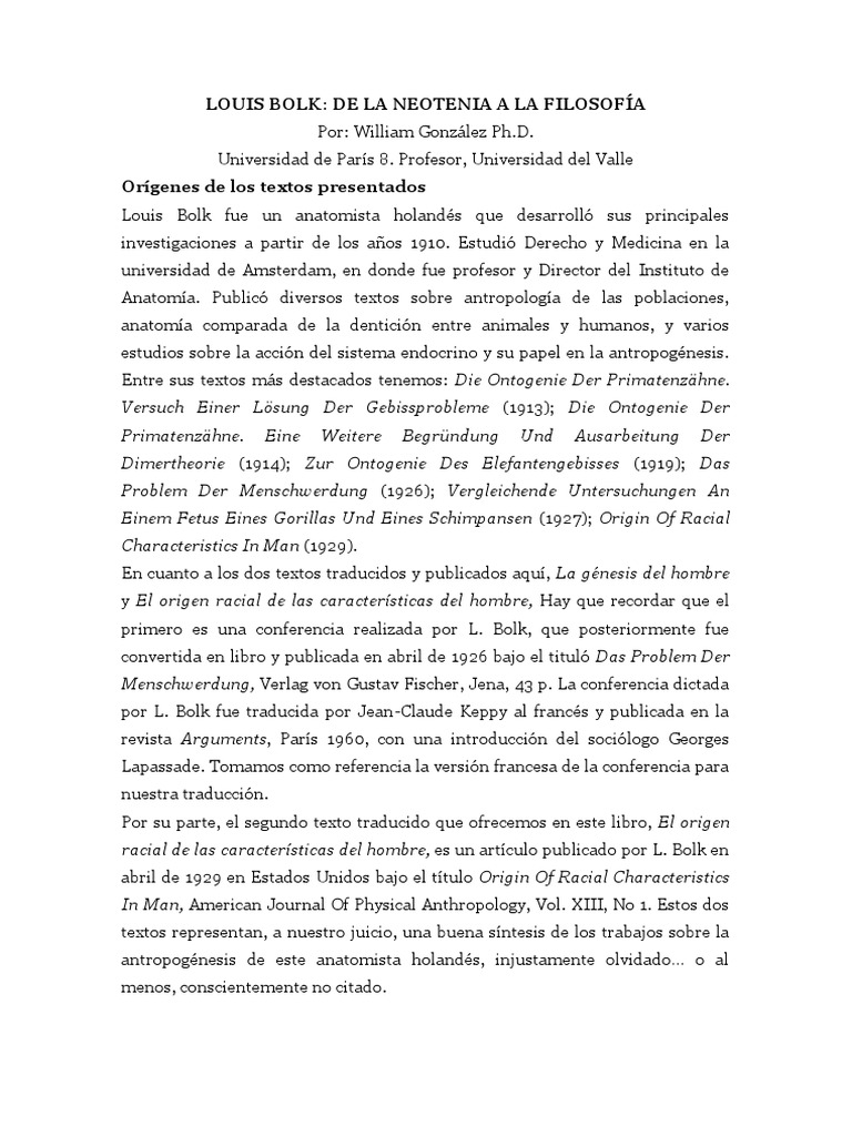 Louis Bolk - de La Neotenia A La Filosofía PDF | PDF | Adultos | Evolución