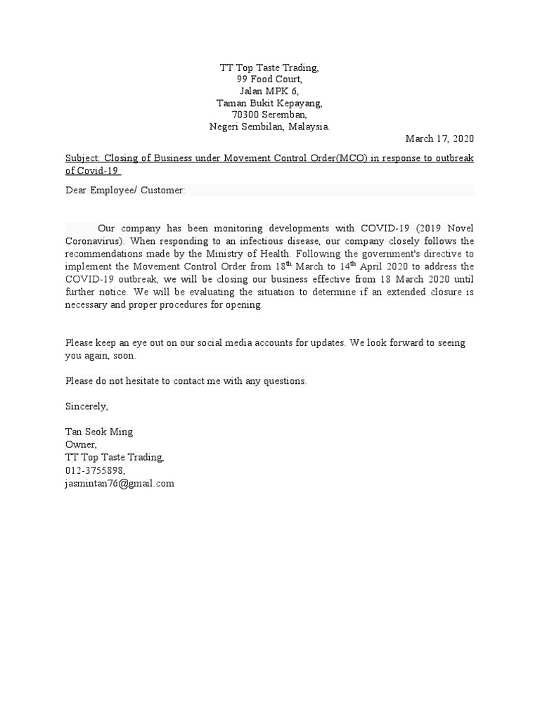 Business Closure Due to COVID-19 MCO | PDF