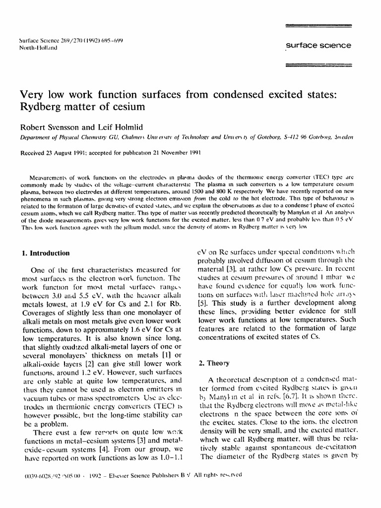 Very Low Work Function Surfaces From Condensed Excited States Rydberg ...