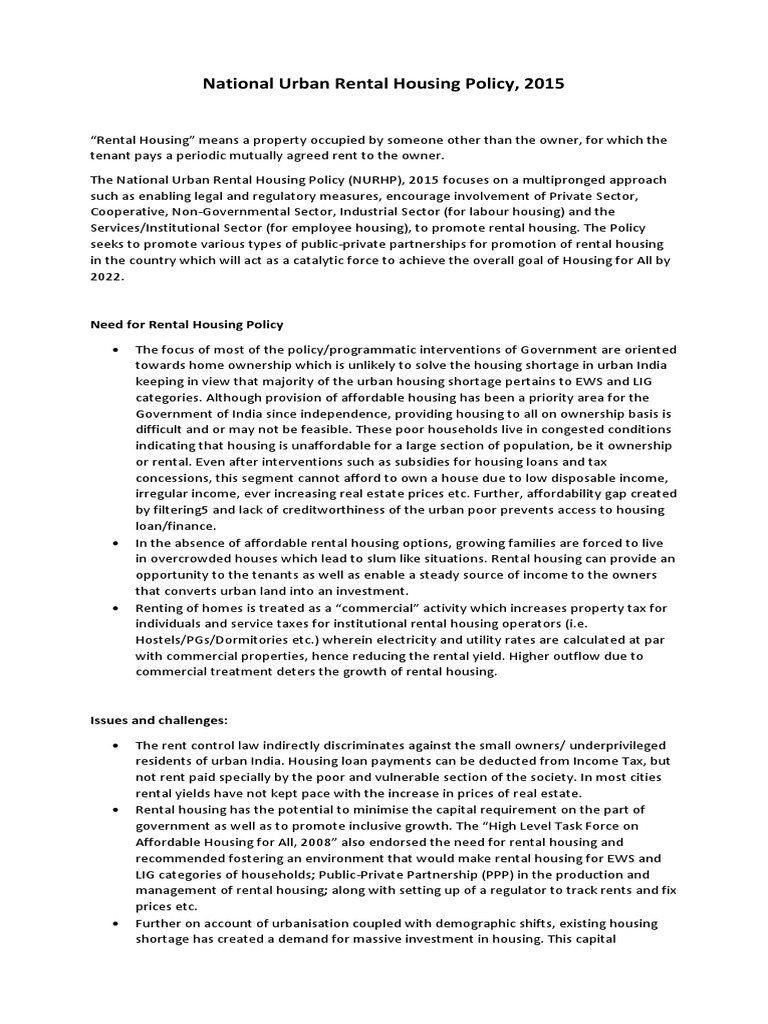 National Urban Rental Housing Policy, 2015 | PDF | Affordable Housing ...