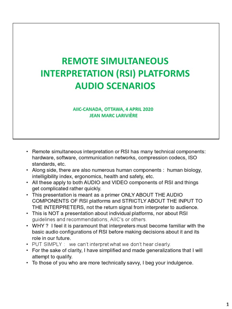 Remote Simultaneous Interpretation (Rsi) Platforms Audio Scenarios | PDF | Telephone | Voice Over Ip