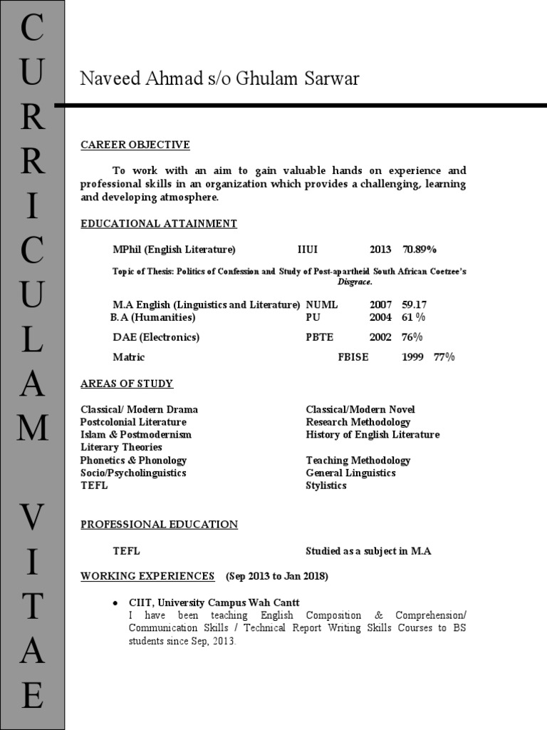 A Resume Detailing Naveed Ahmad's Educational Background, Areas of ...