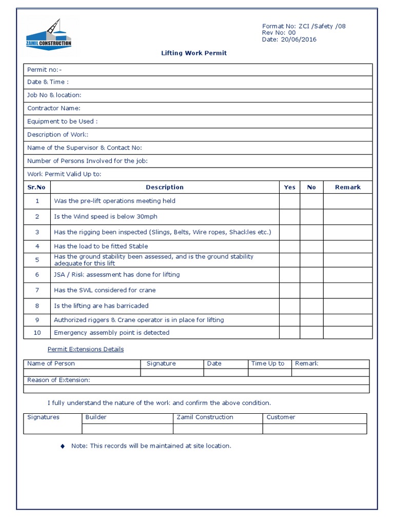 08.lifting Work Permit | PDF