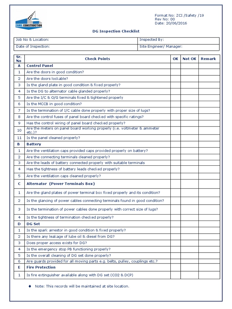 DG Inspection Checklist Guide | PDF | Electrical Components | Equipment