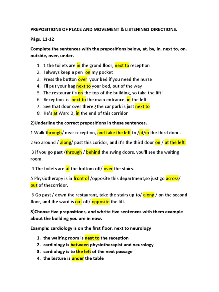 Prepositions of Place and Movement | PDF