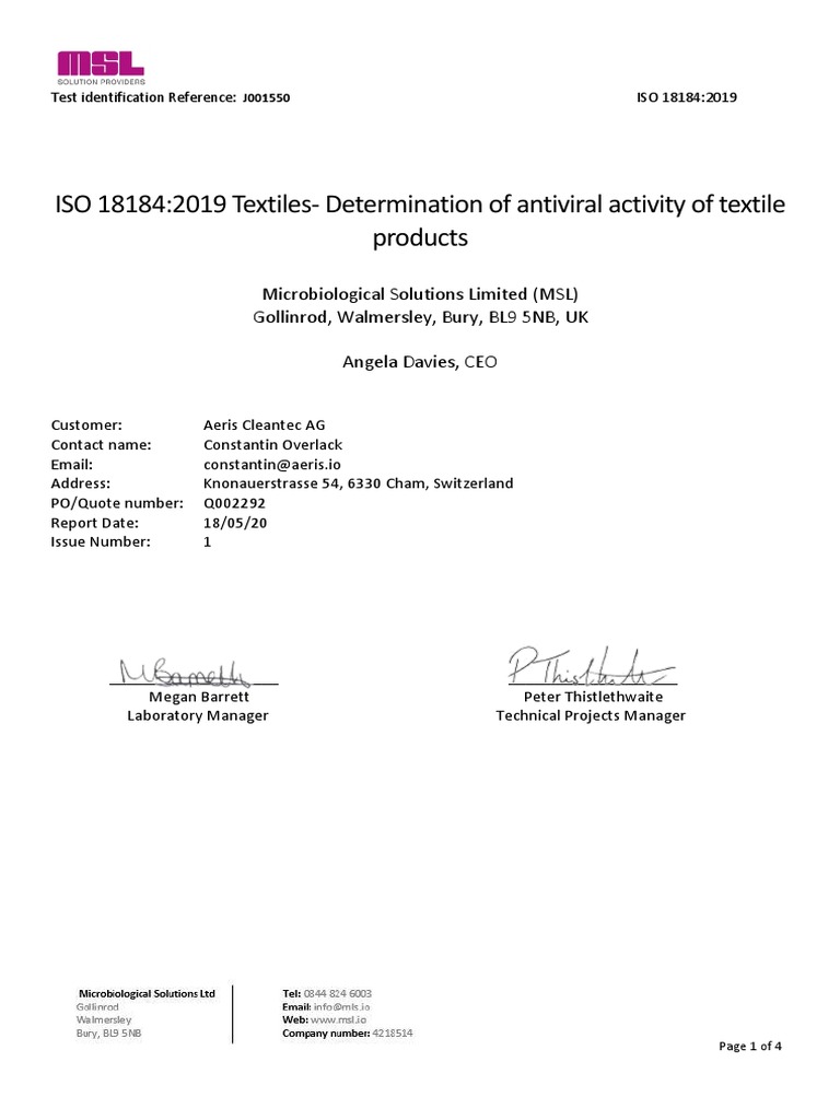 ISO 18184:2019 Textiles-Determination of Antiviral Activity of Textile ...