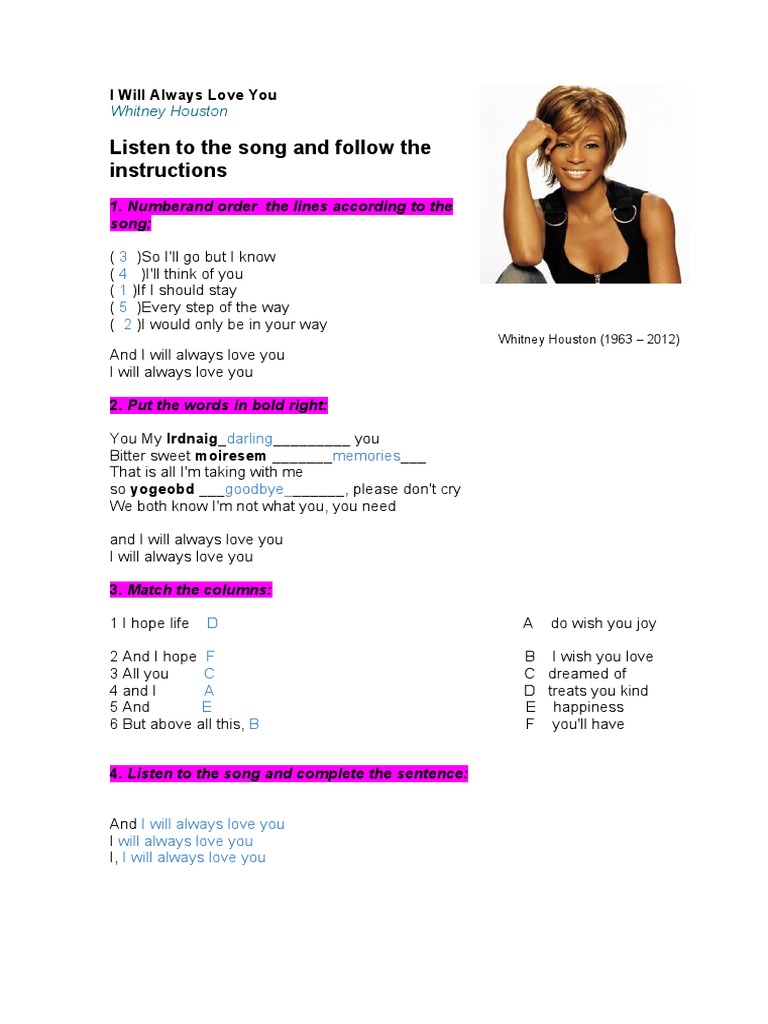 Whitney Houston Song Activity Guide | PDF | Language Arts & Discipline ...