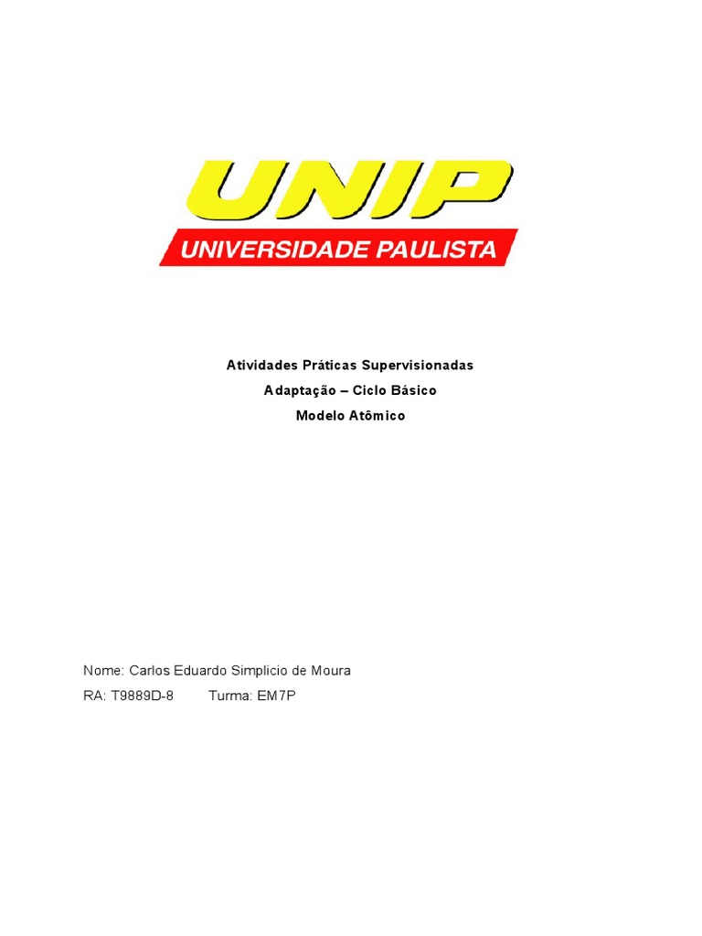 Aps - Unip - Modelo Atômico | PDF | Elétron | Átomos