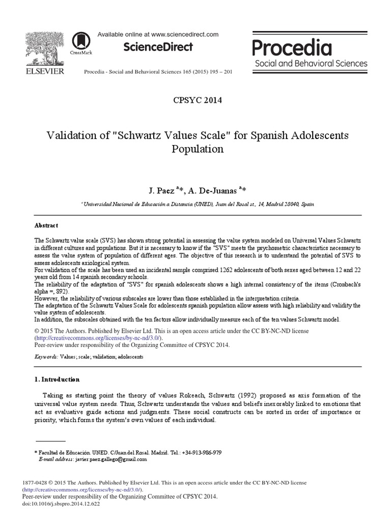 Validation of "Schwartz Values Scale" For Spanish Adolescents ...