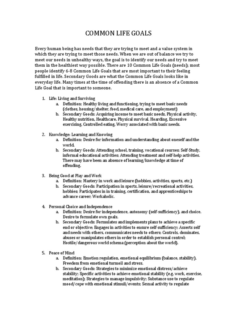 Common Life Goals - Revised 8 13 | PDF | Contentment | Human Sexual ...