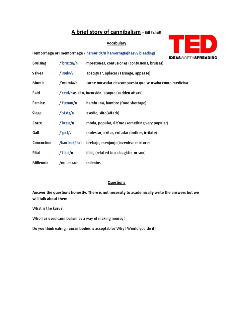 A Brief Story of Cannibalism: Vocabulary | PDF