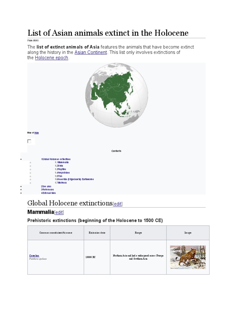 Extinct Animals of Asia in the Holocene | PDF | Asia | Nature