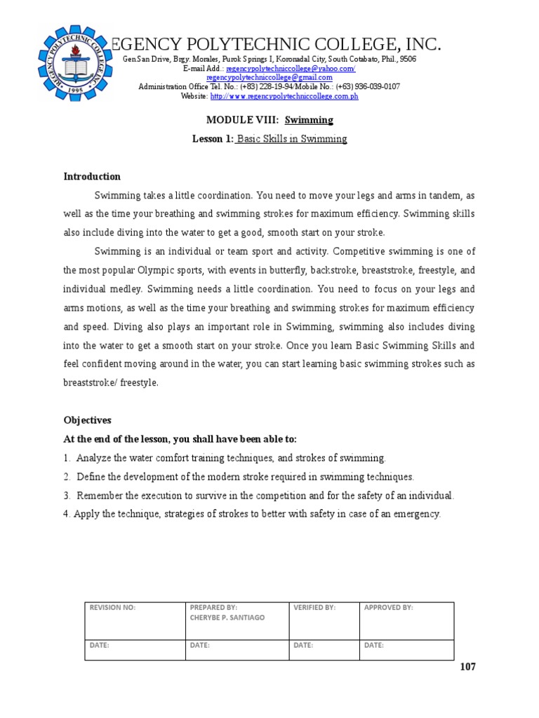 Module 8 - Basic Skills in Swimming | PDF | Swimming | Swimming (Sport)