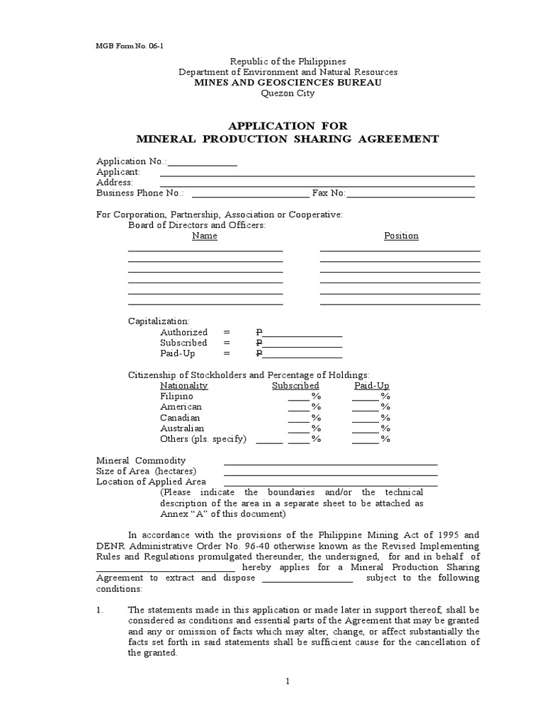Application For Mineral Production Sharing Agreement: Mines and ...