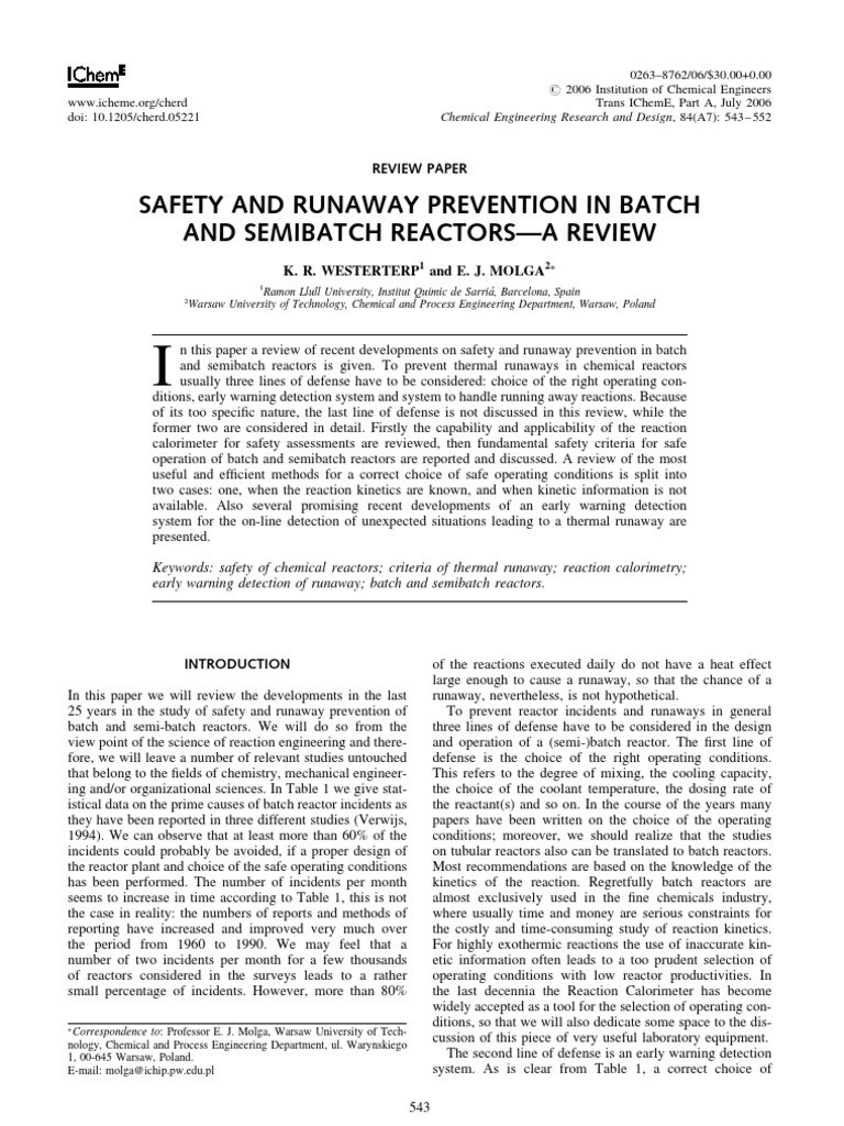 Safety and Runaway Prevention in Batch | PDF | Chemical Reactor ...