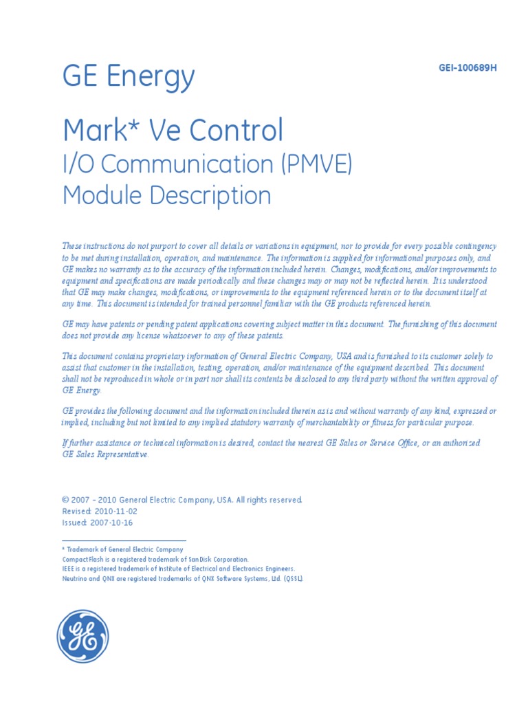 GE Energy Mark Ve Control: I/O Communication (PMVE) Module Description ...