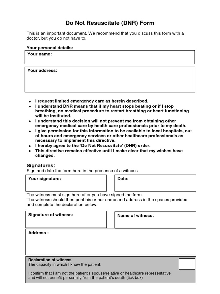 Do Not Resuscitate (DNR) Form: Signatures | PDF