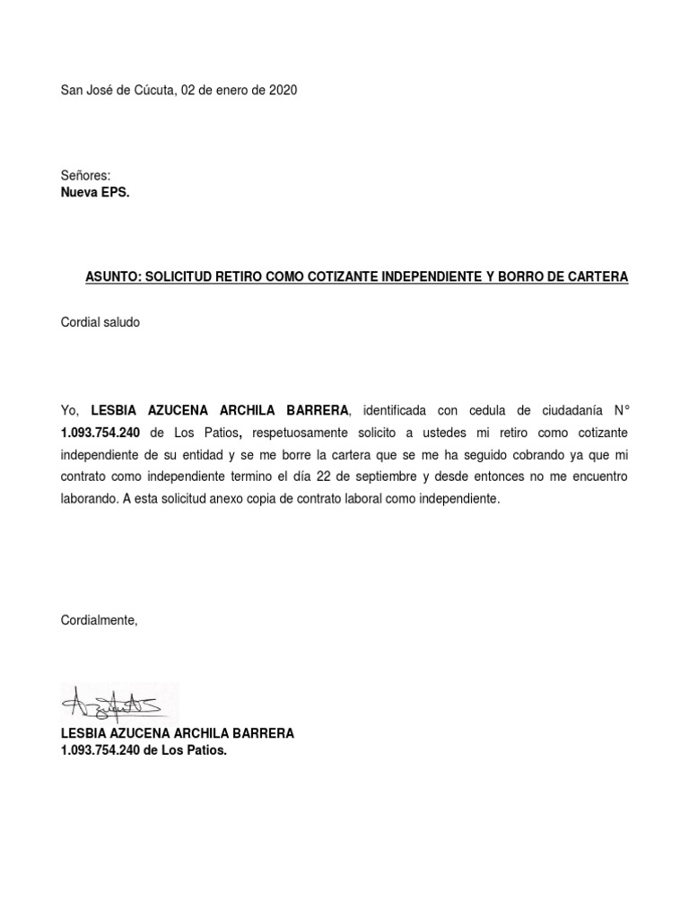 Solicitud-Retiro-Como-Cotizante-Independiente-Nueva EPS. | PDF