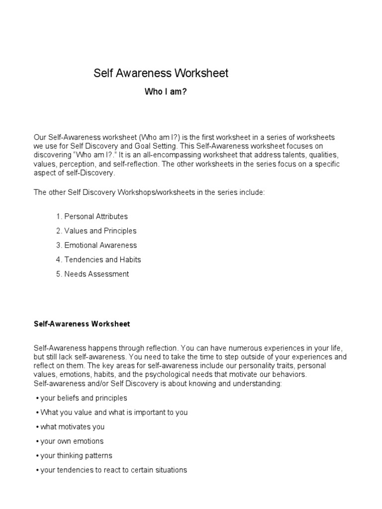 Self Awareness Worksheet | PDF | Self Awareness | Awareness