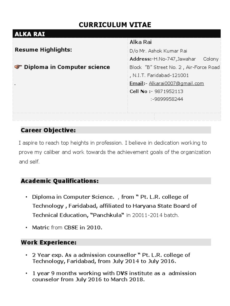 Curriculum Vitae: Alka Rai | PDF | Behavior Modification | Learning