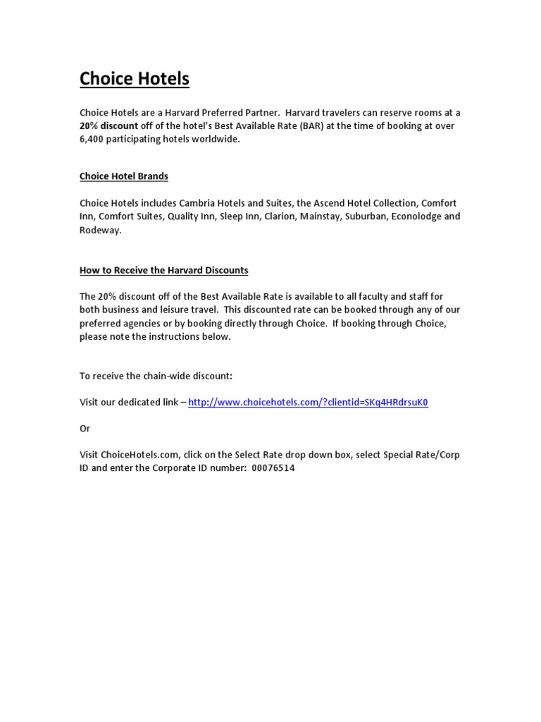 Choice Hotels: 20% Discount Off of The Hotel's Best Available Rate (BAR ...