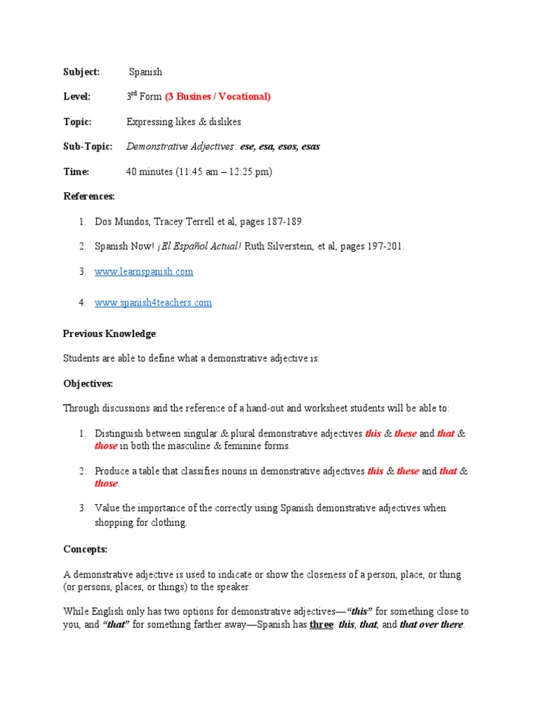 Spanish Demonstrative Adjectives Guide | PDF | Grammatical Gender ...