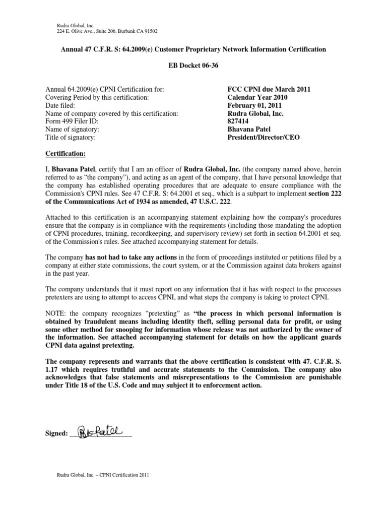 Annual CPNI Certification - March 2011 - S | PDF | Customer Proprietary ...