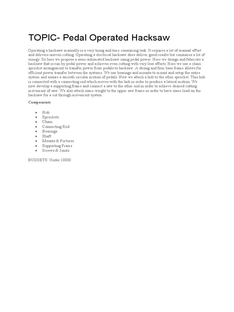 TOPIC-Pedal Operated Hacksaw: Components | PDF