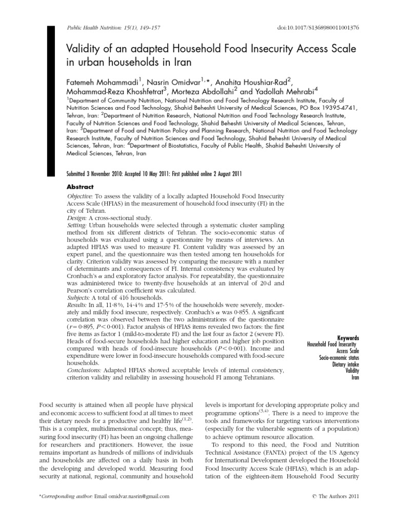 Validity of An Adapted Household Food Insecurity Access Scale in Urban ...