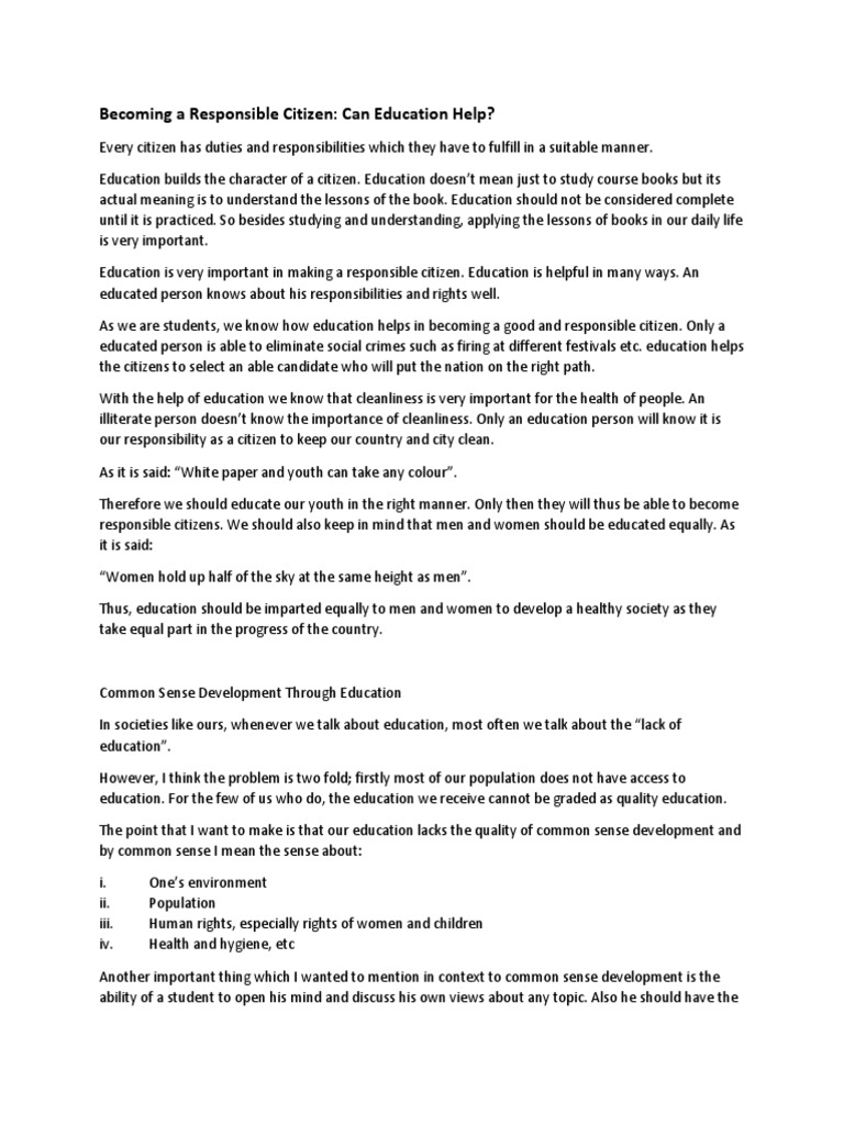 Education's Role in Responsible Citizenship | PDF | Common Sense | Rights