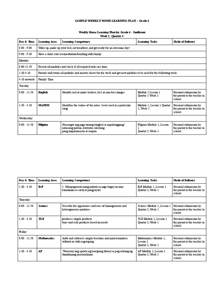 Sample Weekly Home Learning Plan - Grade 6 | PDF | Learning | Science