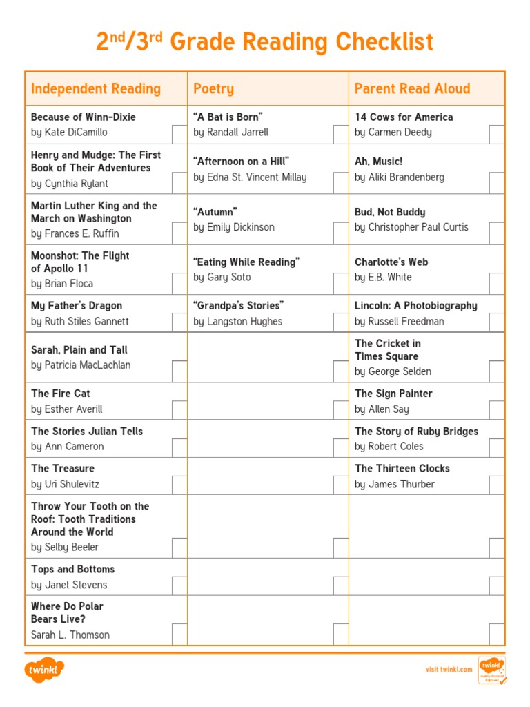 2nd-3rd Grade Reading Checklist | PDF