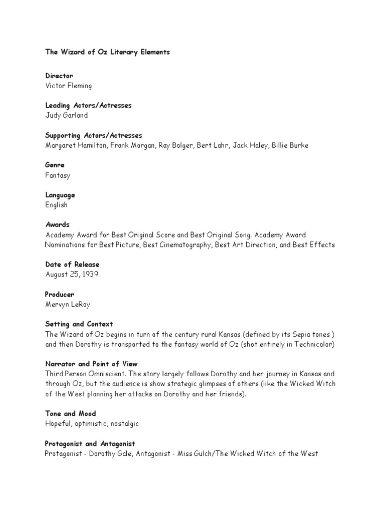 The Wizard of Oz Literary Elements | PDF | Dorothy Gale | Land Of Oz