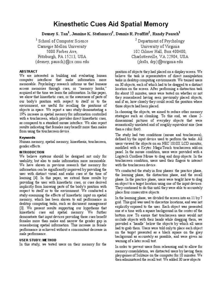 Kinesthetic Cues Aid Spatial Memory-2 PDF | PDF | Recall (Memory ...
