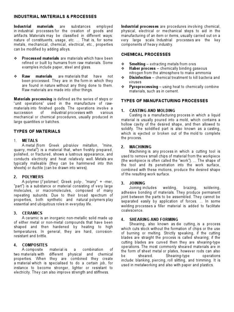 Industrial Materials and Processes Handout | PDF | Casting | Metals