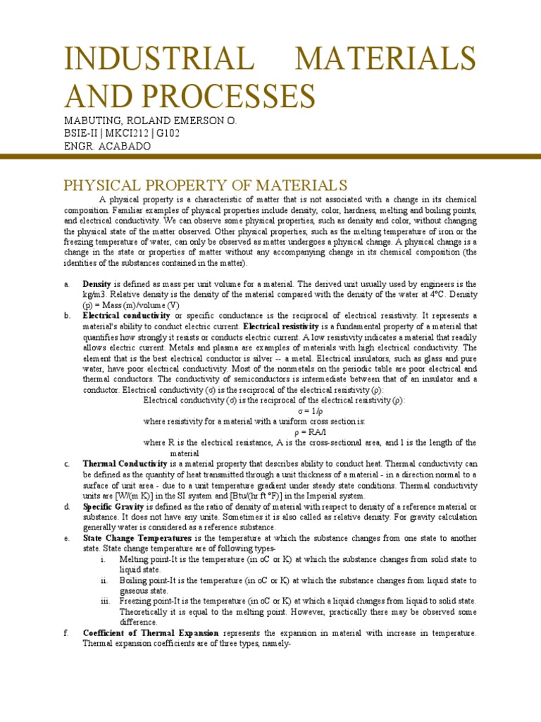 Physical Properties of Industrial Materials | PDF | Acid | Electrical ...